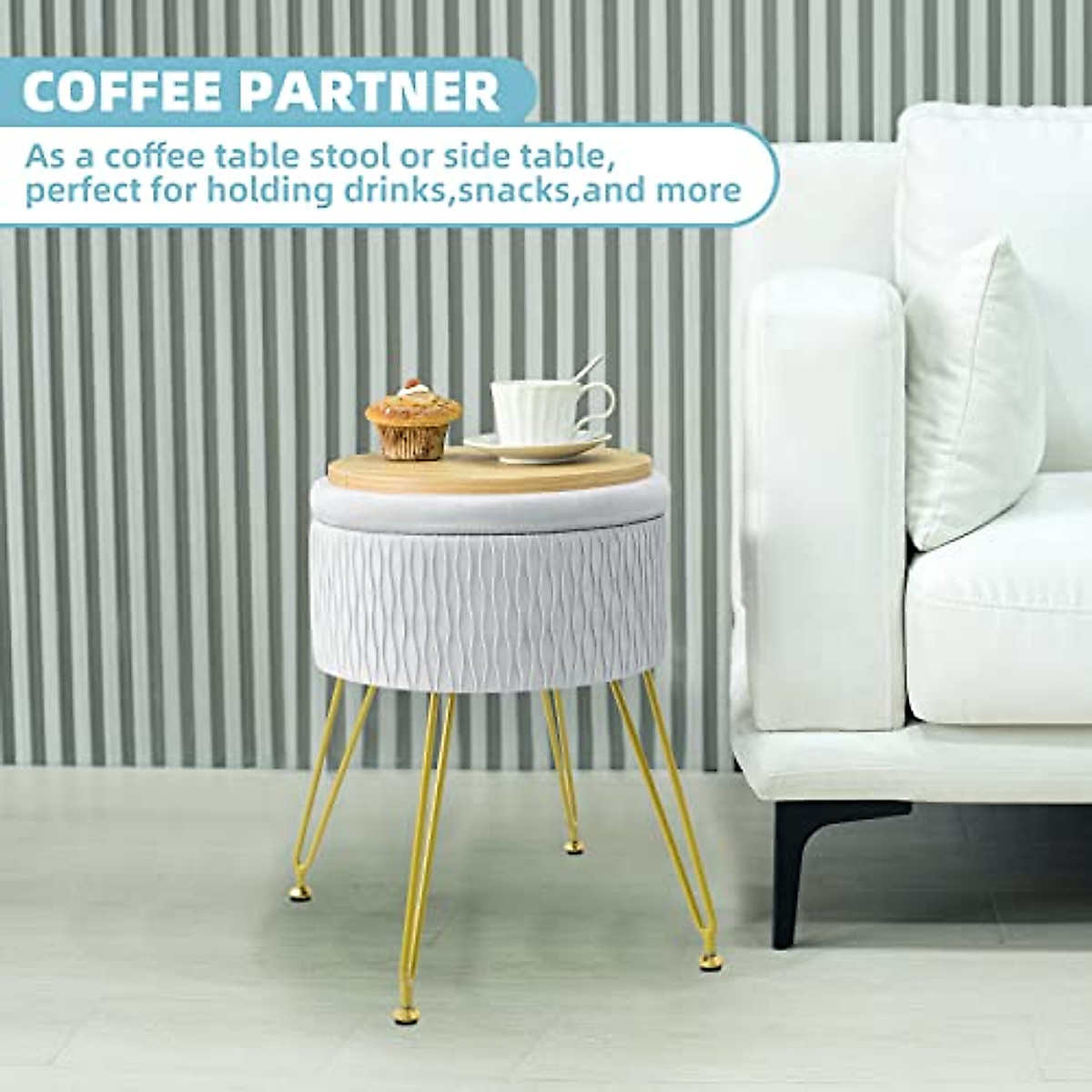GERANT Velvet Storage Ottoman Vanity Stools - Multifunctional Upholstered Pleated Round Footrest with Golden Metal Legs,Removable Coffee Table Top Cover,Suitable for Living Room,Bedroom(Gray)