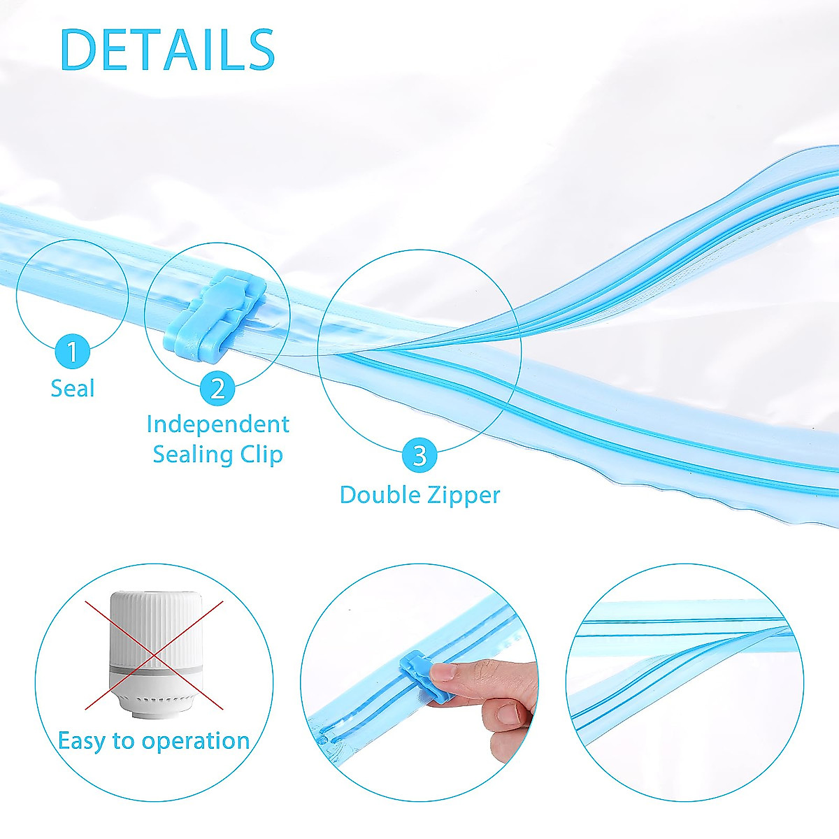 Prasacco 6-Pack Space-Saver Bags, 19.7x13.8inch/50x35cm, Reusable Roll-Up Storage Bags, Compression Bags for Travel, Transparent Blue, Zipper Closure, Nylon & Plastic Polyethylene