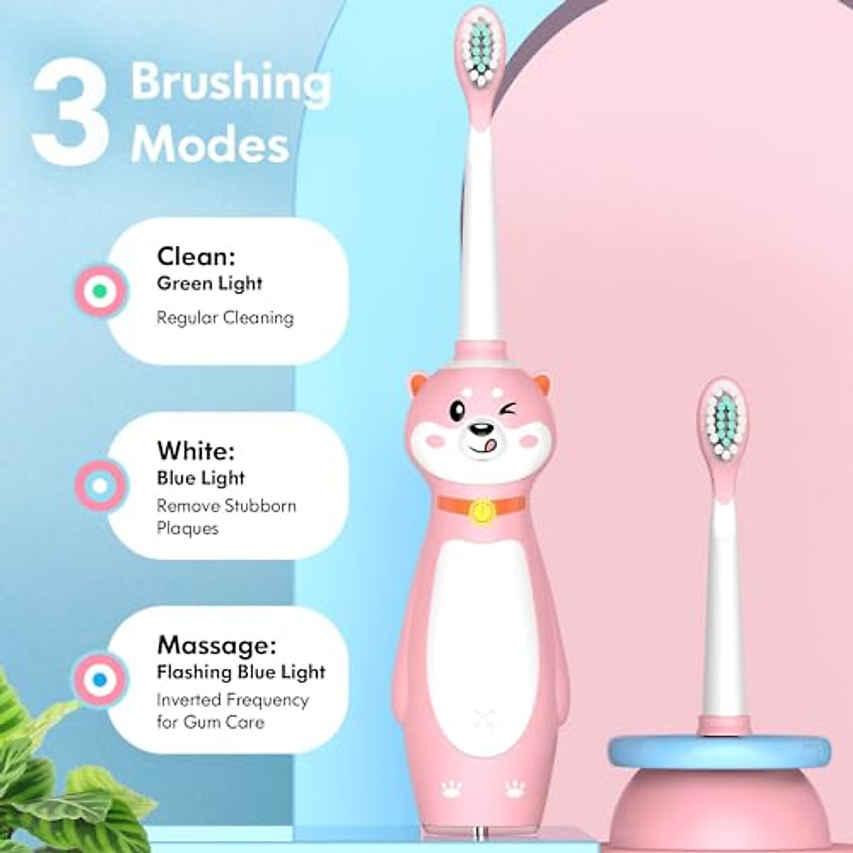 DADA-TECH Kids Electric Toothbrush Rechargeable, Sonic Silicone Teeth Brush with Timer for Children Boys Girls Ages 3+, 3 Modes with Memory, 4 Soft Brush Heads (Pink Shiba Inu Dog)
