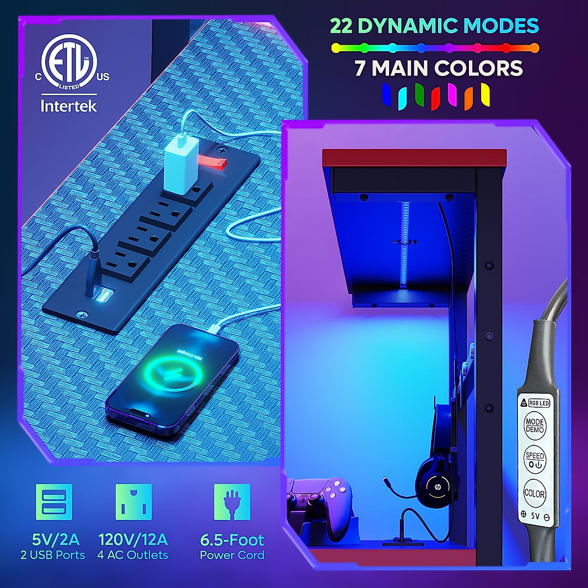 Bestier Gaming Desk with Power Outlets, 44 Inch Led Gamer Desk with 4 Tiers Reversible Shelves, PC Gaming Table with Headset Hook & Side Storage Bag for Bedroom (Black 3D Carbon Fiber)