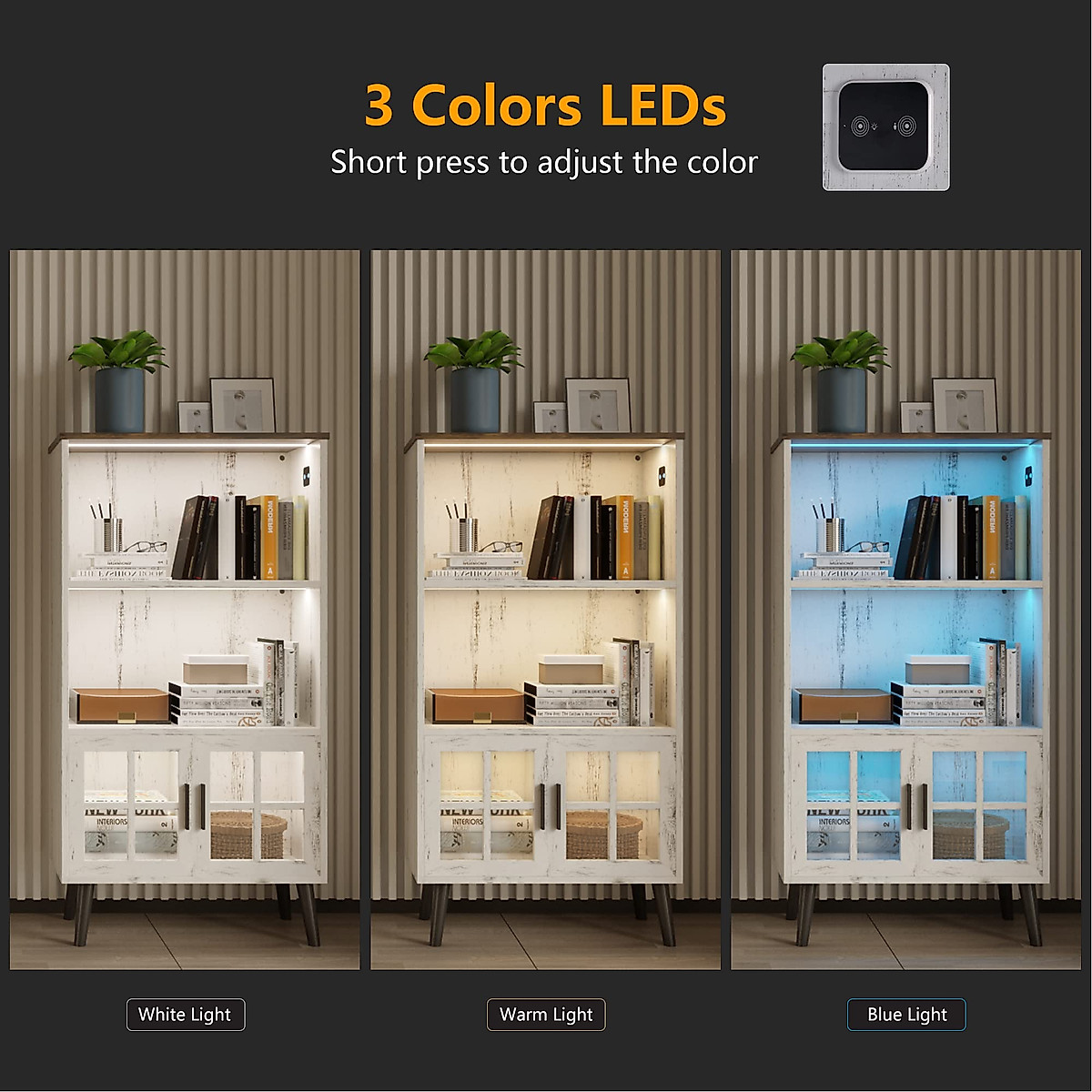 LVSOMT 3 Shelf Bookcase with LED Lights,Book Case with 2 Open Shelves, Storage Cabinet with Door, Human Body Induction Mode, Modern Wood Bookshelf for Bedroom/Living Room/Office, White