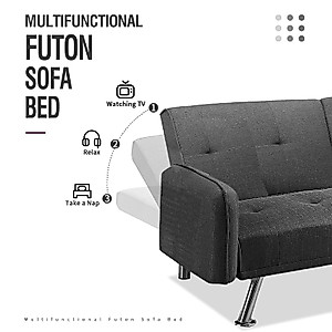 IULULU Futon Sofa Bed, Convertible Couch with 2 Cup Holders Loveseat with Armrest for Studio, Apartment, Office, Living Room, Dark Grey