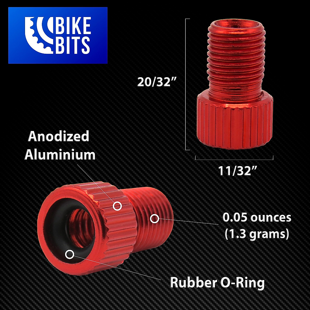 Bike Bits Presta Valve Adapter - Convert Presta to Schrader - French/UK to US - Inflate Tire Using Standard Pump or Air Compressor (5 Pack) (Red)