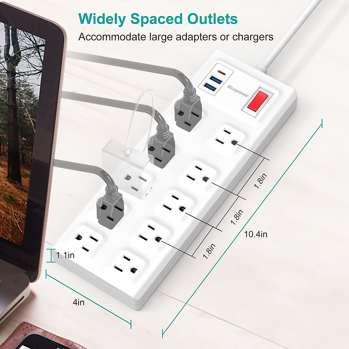 6 Ft Surge Protector Power Strip - 10 Widely Outlets with 3 USB Ports（1 USB C Port）, Flat Plug Heavy Duty Extension Cord(1875W/15A), Wall Mount, 2800 J, ETL,White