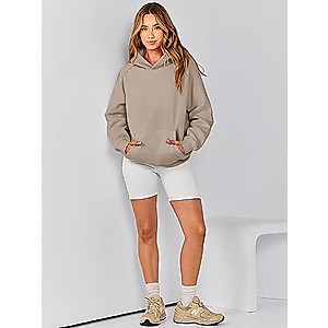 Caracilia Women Solid Basic Loose Hoodie Top Fleece Long Sleeve Pullover Oversized Hooded Sweatshirts with Pocket 2023 Fall Winter Clothes Cute Warm Baggy Sweaters Cozy Outfits 1025shenxing-L Khaki