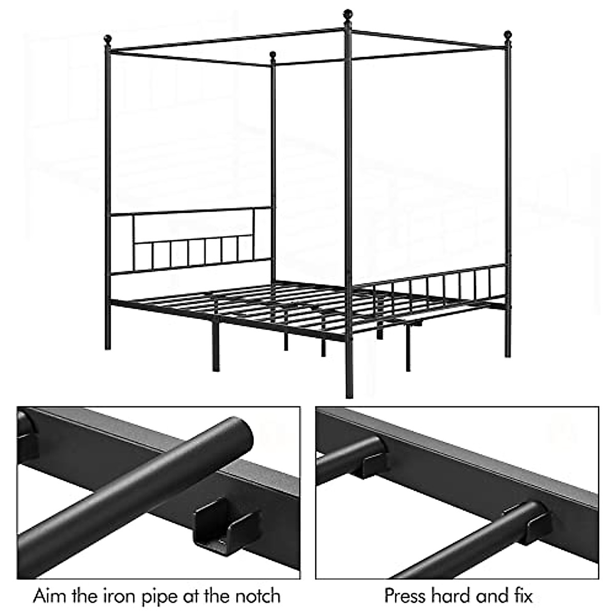 Yaheetech Metal Canopy Platform Bed Frame Four-Poster Canopied Bed Mattress Foundation with Headboard and Footboard Sturdy Slatted Structure No Box Spring Needed Easy Assembly Queen Black