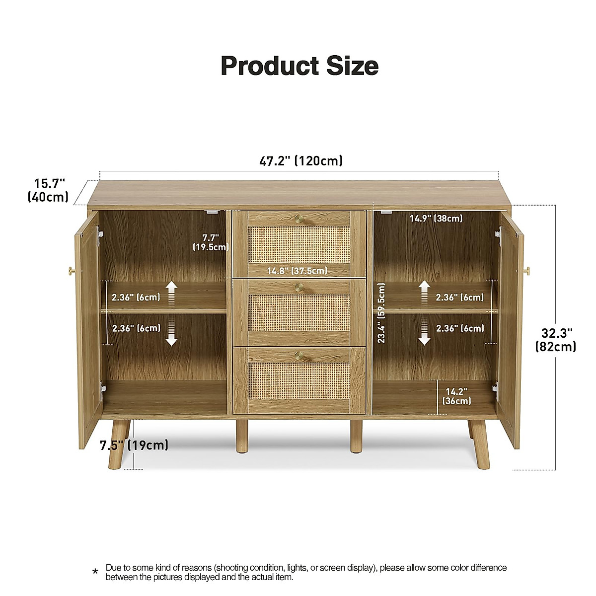 Giluta Sideboard Buffet Cabinet, 3 Drawers Cabinet with 2 Doors Boho Accent Storage Cabinet, Living Room Cupboard Console Table with Adjustable Shelves for Kitchen