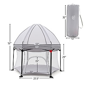 BABY JOY 53'' Outdoor Baby Playpen, Portable Large Play Yard for Babies and Toddlers w/Removable UV Canopy, Bag, Padded Mat, Foldable Travel Baby Beach Tent Play Pens for Both Indoors and Yard Grey