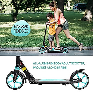 TENBOOM Scooter for Ages 8+ Teens and Adults Kick Scooter Foldable with Double Braking System Bells Adjustable Handlebars Kickstand Max Load 220 LBS 8" Big Wheels