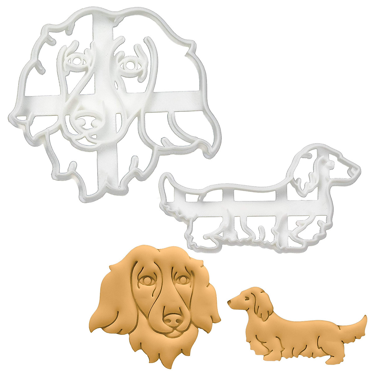Set of 2 Long Haired Dachshund cookie cutters (Designs: Body & Face), 2 pieces - Bakerlogy