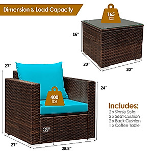 HAPPYGRILL 3 Pieces Patio Furniture Set PE Rattan Wicker Sofa Set with Cushions and Coffee Table Outdoor Patio Conversation Set for Garden Poolside Balcony