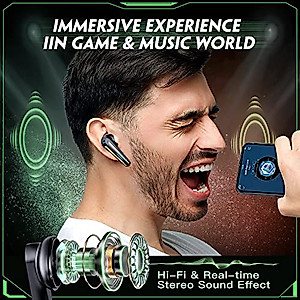 kurdene G03 Wireless Earbuds Bluetooth 5.3 Headphones with 45ms Ultra Low-Latency Deep Bass for Music/Game Mode, Built-in Microphones with Breathing Light Effect and Wireless Charging Case-Black