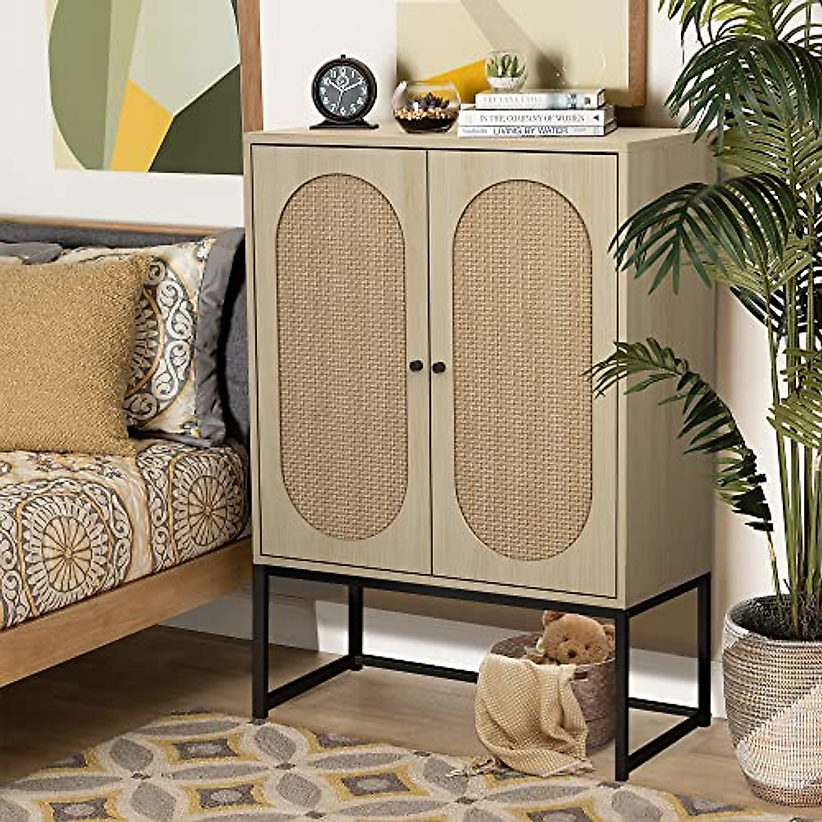 AWQM Natural Rattan 2 Door High Cabinet,Sideboard Buffet Cupboard Accent Cabinet,Adjustable Shelves,Free Standing Bookmatch,Easy Assembly26.77 L x 15.75" W x 41.34" H,Rustic Oak Beige