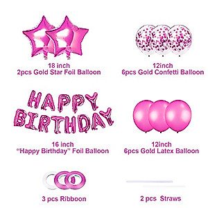 ANYI16 Happy Birthday Balloons Decorations set 13pcs Pink Foil Mylar letter Balloons Banner 12pcs Latex Confetti Balloons 2pcs Giant Star Balloons for Birthday Party Decorations and Supplies(pink)