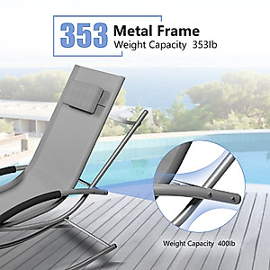 VORTEXTOVE Outdoor Chaise Lounge Chairs Set of 3,Iron Patio Rocking Chair Set, Including Patio Lawn Rockers with Coffee Table and Headrests, Suitable for Yard, Patio, Deck, and Backyard. (Gray)