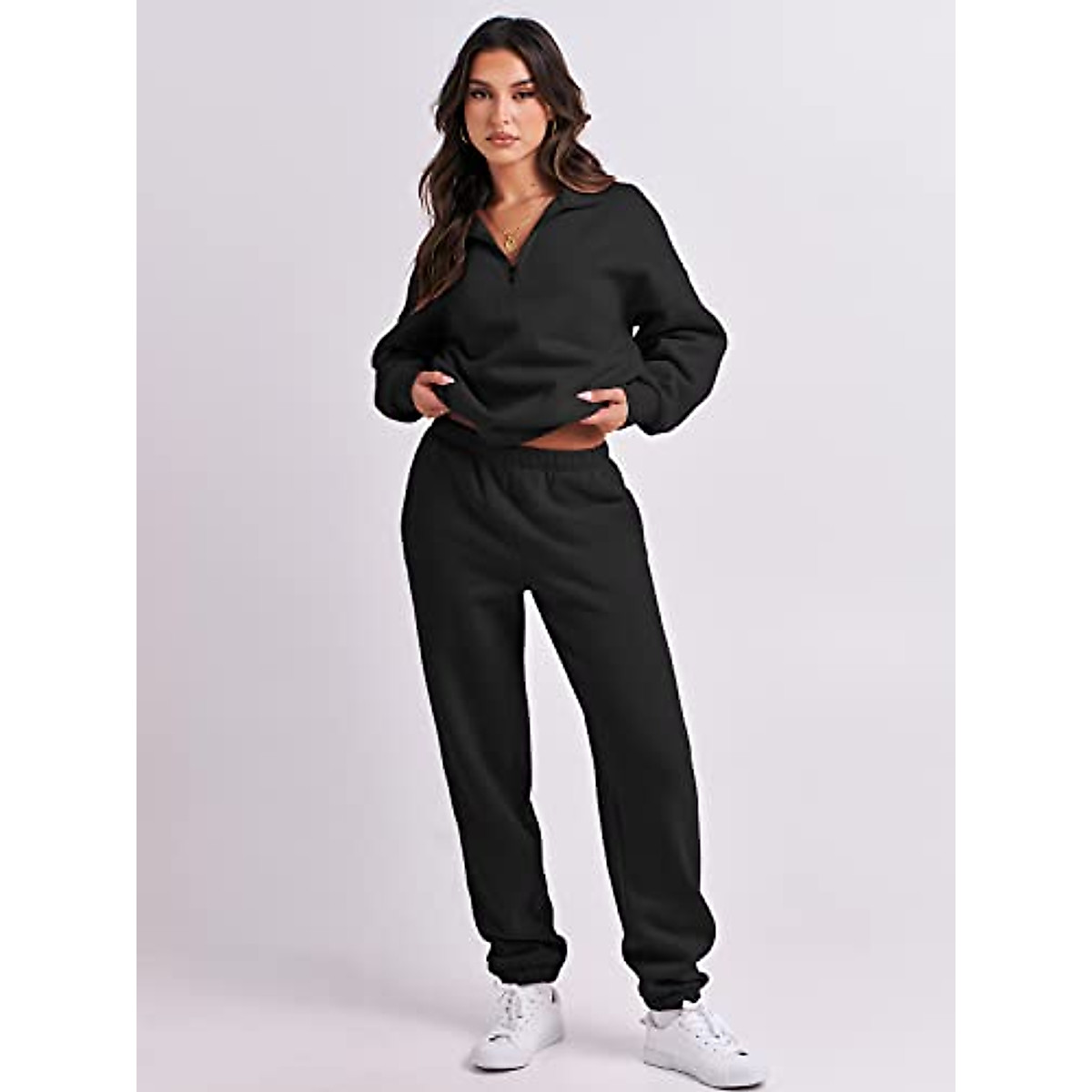 ANRABESS Women's Oversized Long Sleeve Lounge Sets Casual Top and Pants 2 Piece Outfits Sweatsuit with Pockets Black Ci776-hei-S