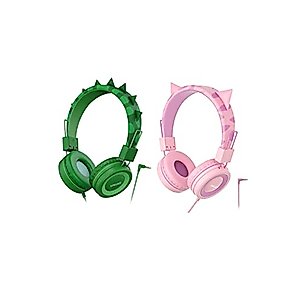 SIMJAR Dinosaur & Cat Ear Kids Headphones with Microphone for School, Volume Limiter 85/94dB, Wired Girls Headphones with Foldable Design for Online Learning/Travel/Tablet/iPad
