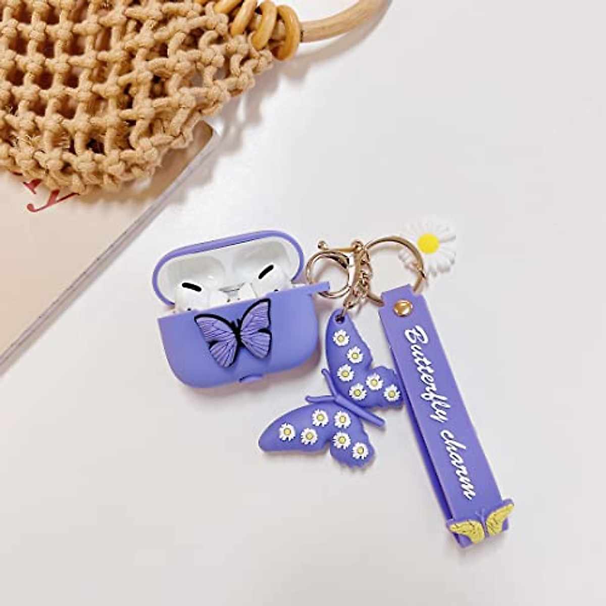 Airpods Pro 2nd 2022 Case Butterfly 3D Cover,Ponnky Funny Cute Cartoon Soft Skin Silicone Protective Accessories with Kawaii Keychain Strap for Apple Airpods Pro 2nd Gen Case for Women Girls (Purple)