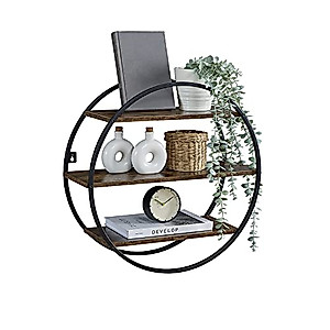 MUSEHOMEINC Floating Shelves for Wall Decors with 3 Tier Decorative Geometric Circle Metal, Wooden Wall Mounted Shelves for Bedroom, Living Room Or Bathroom, Rustic Farmhouse Decor/Small Shelf