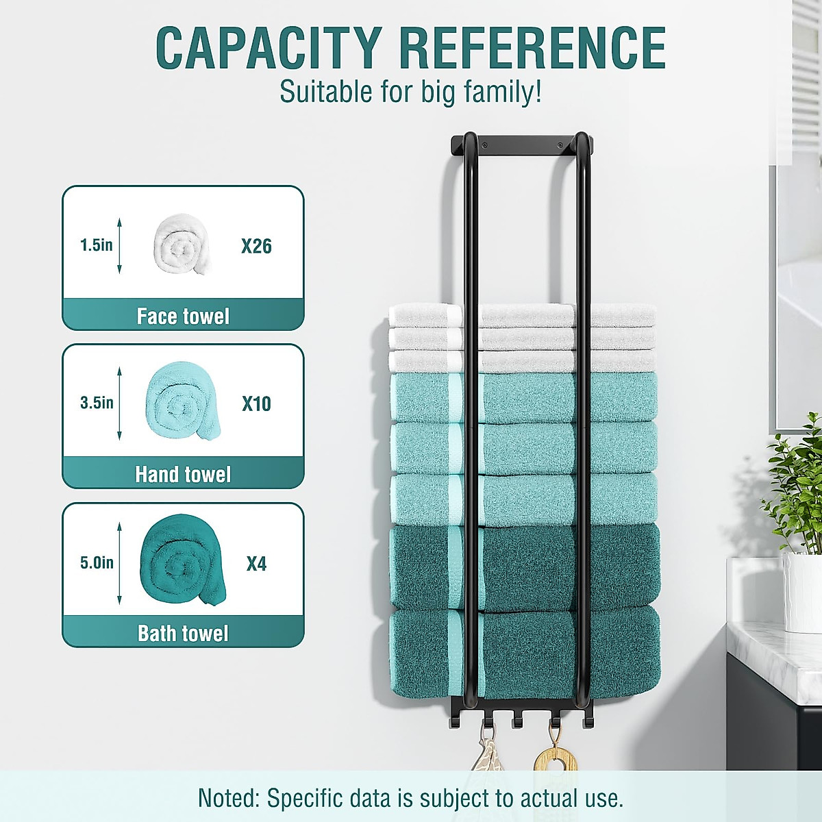 Towel Rack Bathroom Wall Holder: Black Shower Organizer Wall Mounted for Rolled Towel Storage 27.9 in