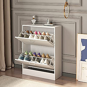 AIEGLE Shoe Cabinet with 2 Flip Drawers for Entryway, Modern Shoe Rack Shoe Organiazer with Adjustable Shelf, Shoe Storage Cabinet, White (23.6" W x 9.4" D x 31.4" H)