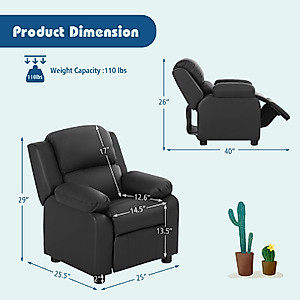 GLACER Kids Recliner, Toddler Furniture Children Armrest Sofa Chair W/Front Footrest, Flip-up Storage Arms, Padded Backrest, Adjustable Kids Recliner Couch for Girls Boys (Black)