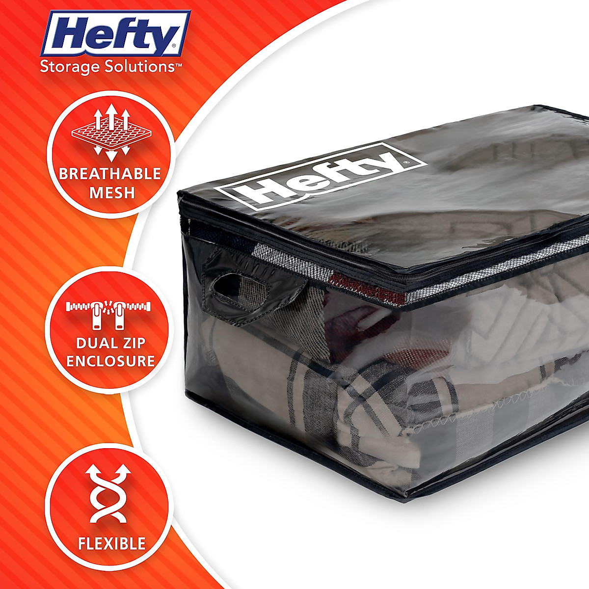 Hefty Extra Large Flexible Tote with Breathable Mesh, Double Zipper, 2 Handles – Ideal for Moving or Clothes & Apparel Storage, Alternative to Plastic Bin, Organizer or Container – 2 Pack