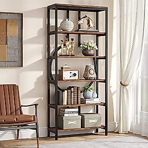 Tribesigns 70.9 Inch Industrial Bookshelf, 6-Tier Tall Bookcase with Open Shelves, Wood and Metal Display Shelf Storage Shelves for Bedroom, Living Room and Home Office, Vintage Brown