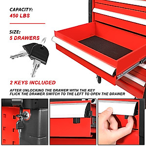 DNA MOTORING 30.5" L x 18" W x 38" H 5-Drawer Lockable Slide Tool Chest Rolling Tool Cart Cabinet (TOOLS-00001) with Keys , Red, Upgrade Package