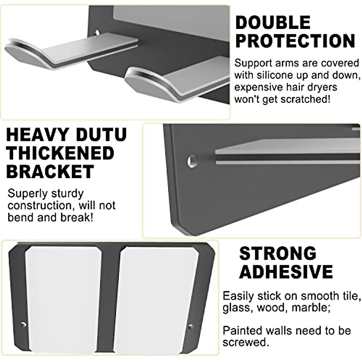 Adhesive Hair Dryer Holder Wall Mount - Adhesive Bathroom Vanity Blow Dryer Holder Organizer Compatible with Dyson Hair Dryers (Black)