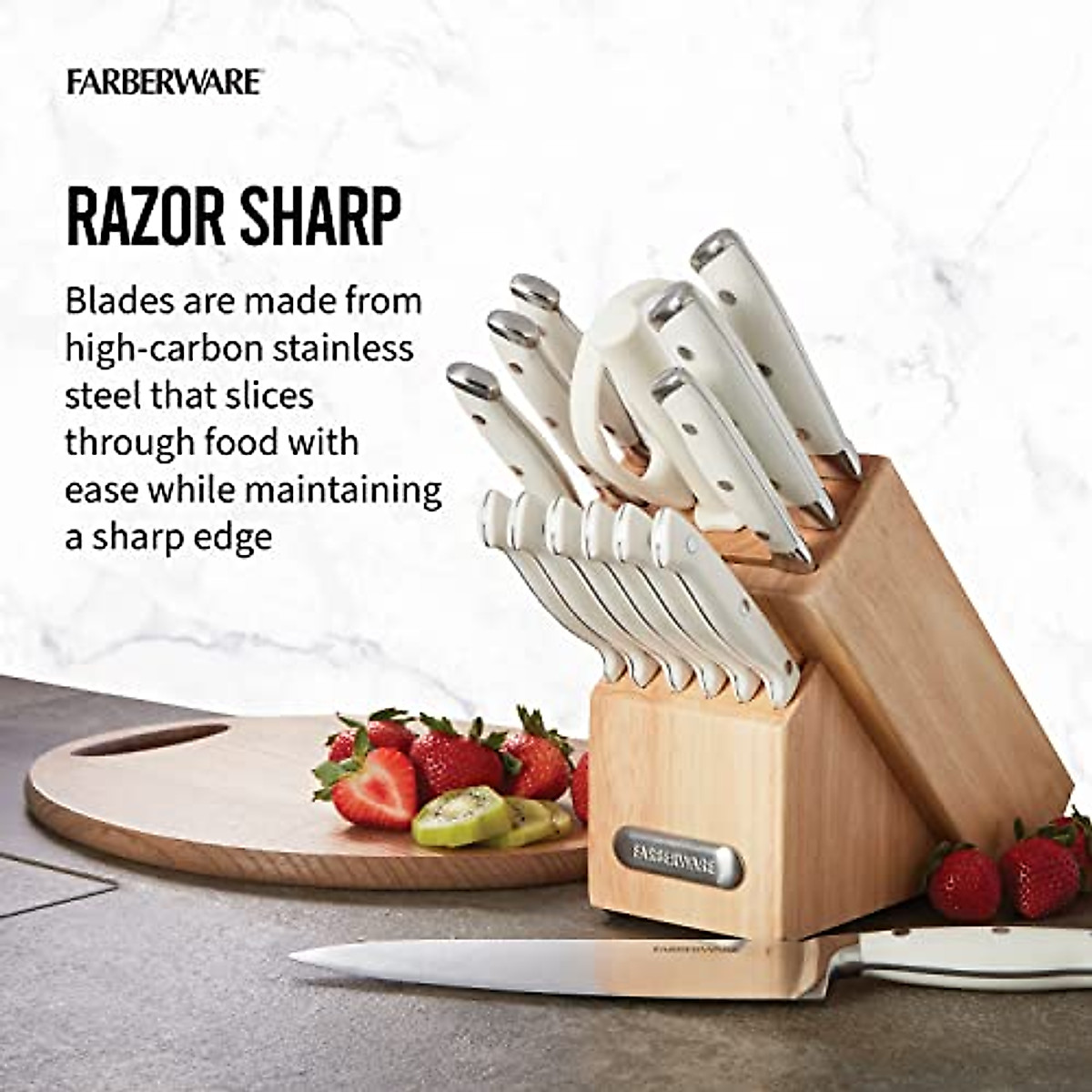 Farberware 15-Piece Forged Triple Rivet Knife Block Set, Razor-Sharp Kitchen Knife Set with Wood Block, High-Carbon Stainless Steel, White