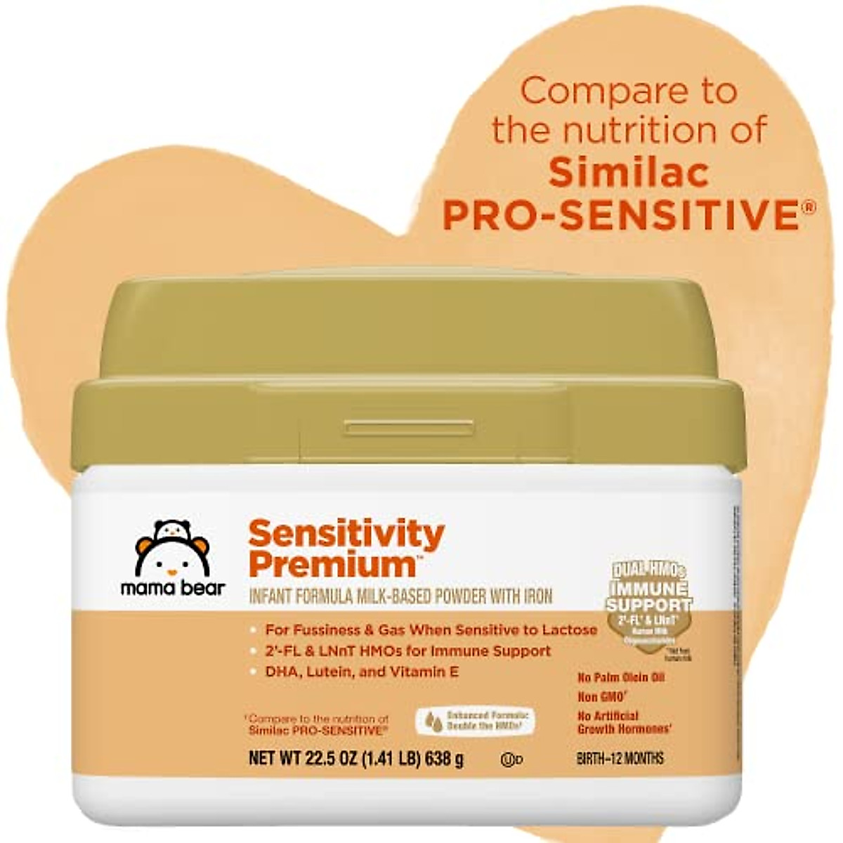 Amazon Brand - Mama Bear Sensitivity Baby Formula Powder with Iron, Reduced Lactose, Non-GMO, 2'-FL HMO for Immune Support, 22.5 Ounce