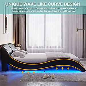Queen Modern Upholstered Platform Bed Frame Wave-Like Curve Led Bed Frame with Headboard Low Profile Bed Frame with Smart RGB LED Lights,Faux Leather,Easy Assemble,Strong Wood Slats Support,Black