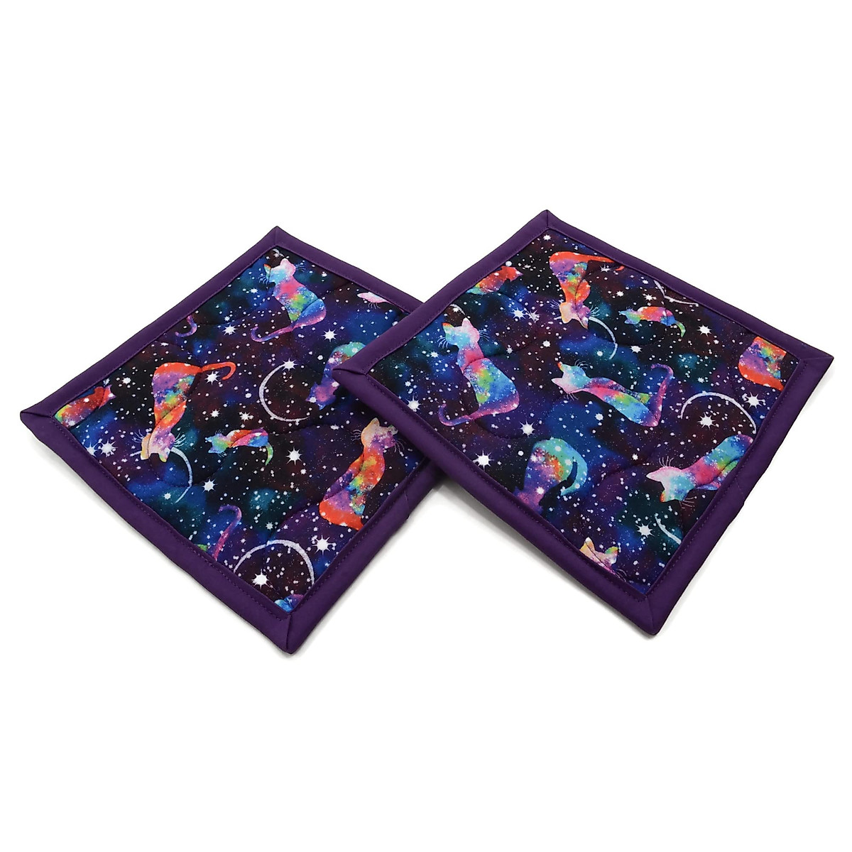 Colorful Cats in Space Pot Holders - Set of 2-8 Inch Square Cotton Fabric in Blue, Purple and White