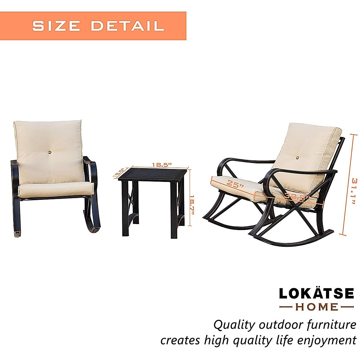 LOKATSE HOME 3-Piece Outdoor Patio Rocking Steel Furniture Bistro Set with 2 Rocker and 1 Metal Square Coffee Table(Khaki Thickened Cushion)