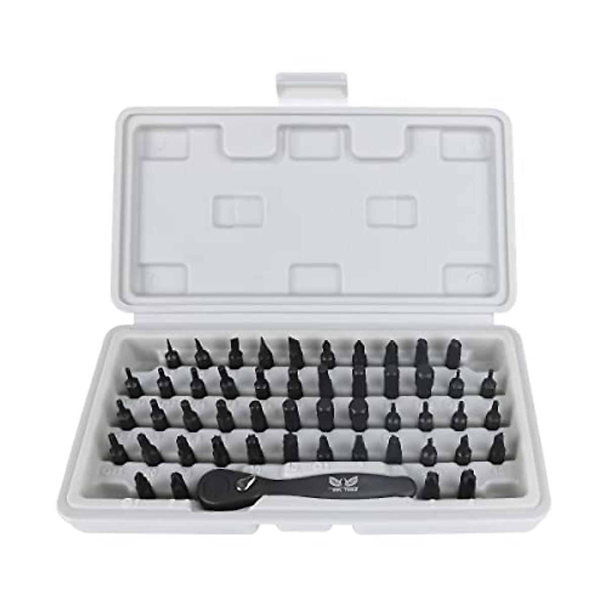 Low Profile Right Angle Ratcheting Screwdriver Set - Mini Ratchet Set Includes 50 Screwdriver Bits Included (Hex, Square, Pozidrive, Phillips, Torx Slotted, Triangle)