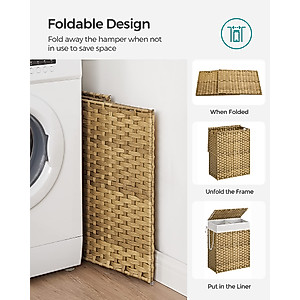 SONGMICS Laundry Hamper with Lid, 90L Clothes Hamper with 2 Removable Liner Bags, 6 Mesh Bags, Wicker Laundry Basket, Double Laundry Hamper for Bathroom, 13 x 18.1 x 23.6 Inches, Natural ULCB251N01V1