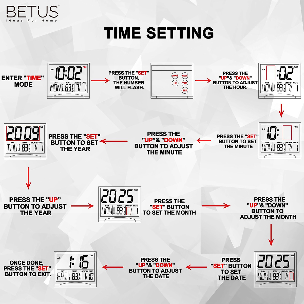 Betus Digital Travel Alarm Clock - Foldable Calendar Temperature Timer LCD Clock with Snooze Mode - Large Number Display, Battery Operated - Compact Desk Clock for All Ages (Silver, No Backlight)