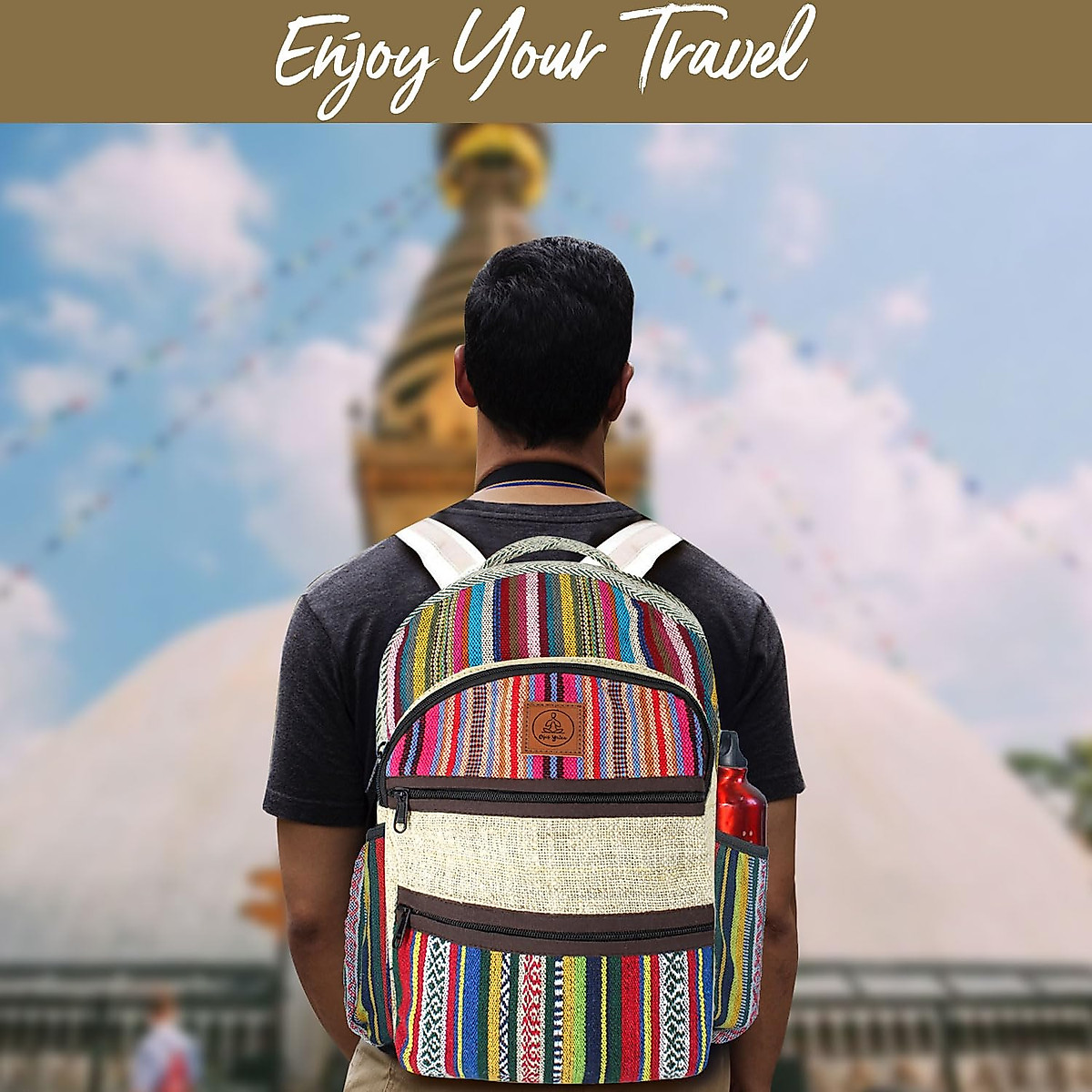 Ojas Yatra Large Hemp Backpack - Multi Pocket Organic Himalayan Student Bag Packs for Laptop - Boho/Hippie Himalayan Bag for Travel & Festivals