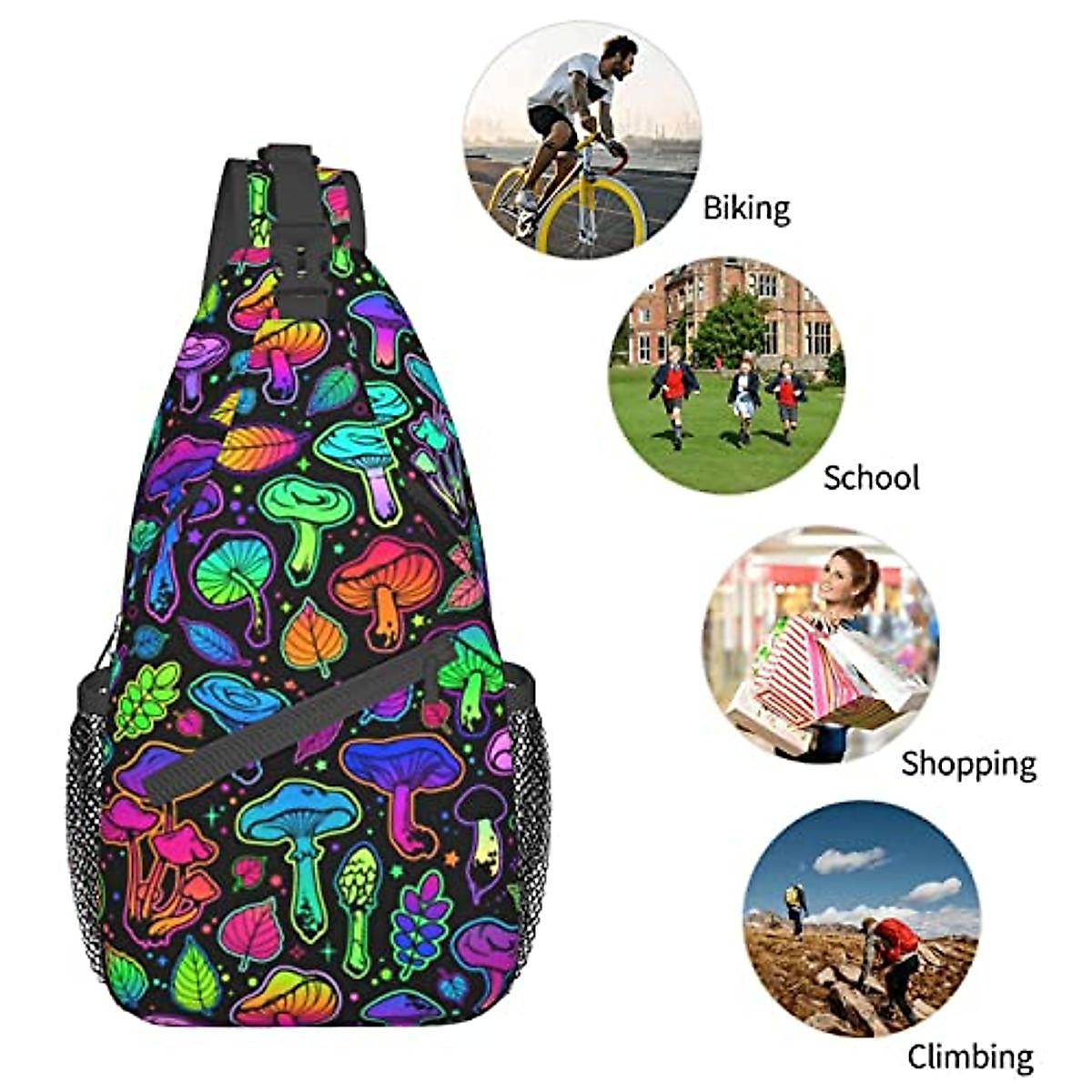 Junong Colorful Trippy Mushroom Sling Bag Crossbody Sling Backpack Travel Hiking Chest Bags Shoulder Sports Daypack for Women Men