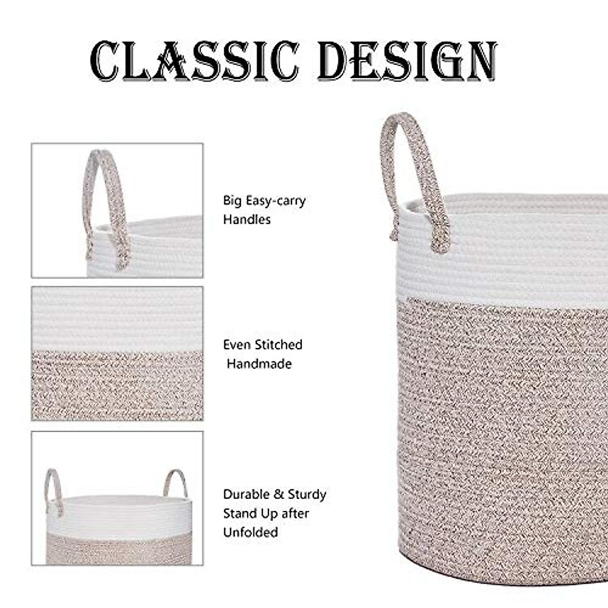 Woven Cotton Rope Basket, Tall Laundry Blanket Storage Basket with Built-in Sturdy Handles, Baby Nursery Bin for Home Decor and Organizing