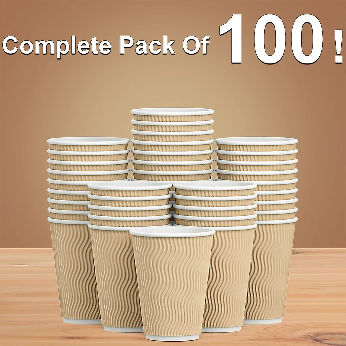 Luckypack Hot Paper Cups_12 oz Disposable Insulated Corrugated Sleeve Ripple Wall Paper Cup for Drink，Hot Coffee Cups （100,12oz Cups） (Brown)