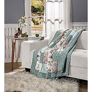 Chezmoi Collection Abbi 1-Piece Garden Floral Shabby Chic Throw Pre-Washed Cotton Ruffle Trim Patchwork Throw Blanket