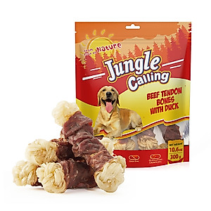 Jungle Calling Beef Tendons for Dogs, Duck Wrapped Tendons Dog Chews Long Lasting Hip and Joint Supplement for Dogs with Glucosamine (Knotted Bone)