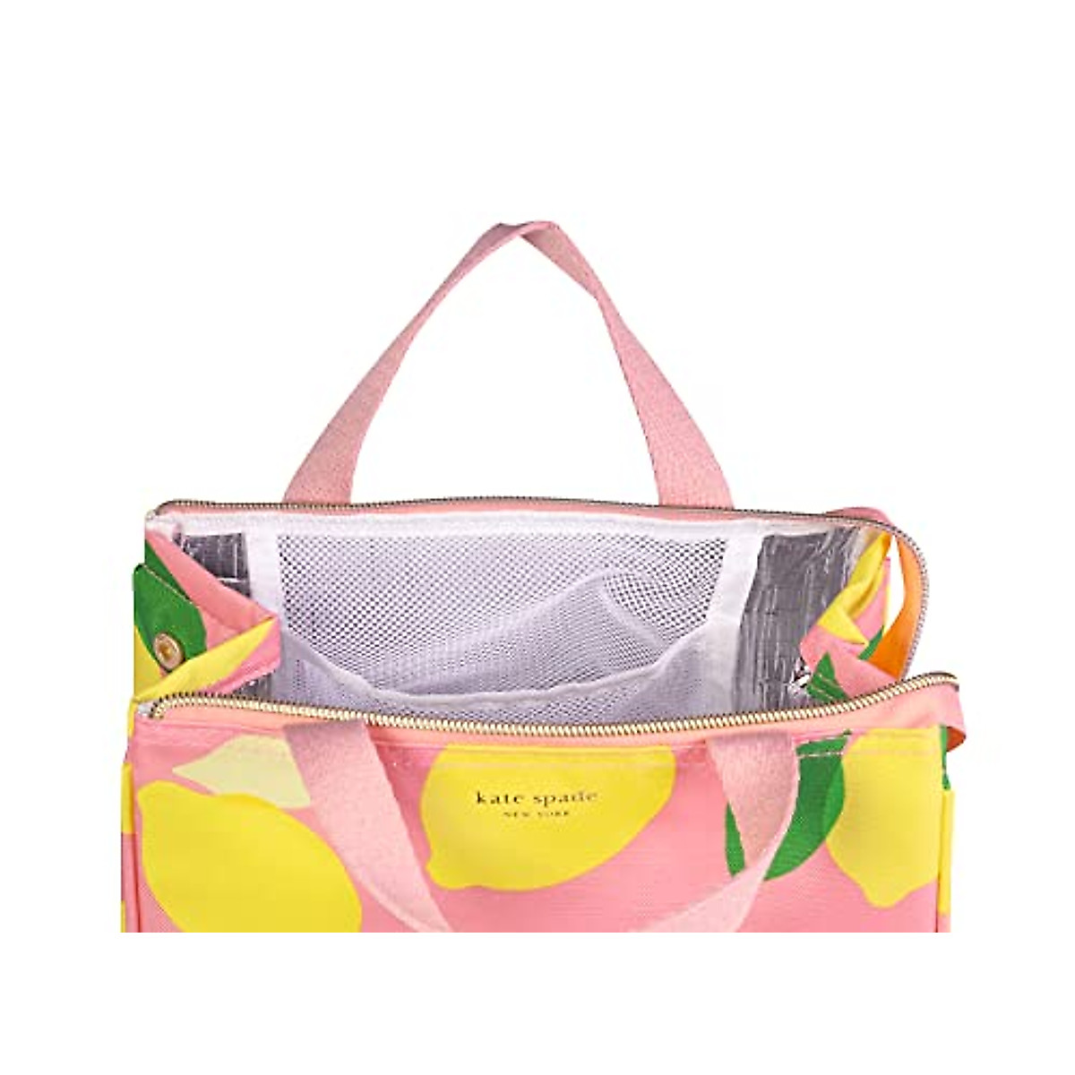 Kate Spade New York Cute Lunch Bag for Women, Large Capacity Lunch Tote, Pink Adult Lunch Box with Silver Thermal Insulated Interior Lining and Storage Pocket, Lemon Toss