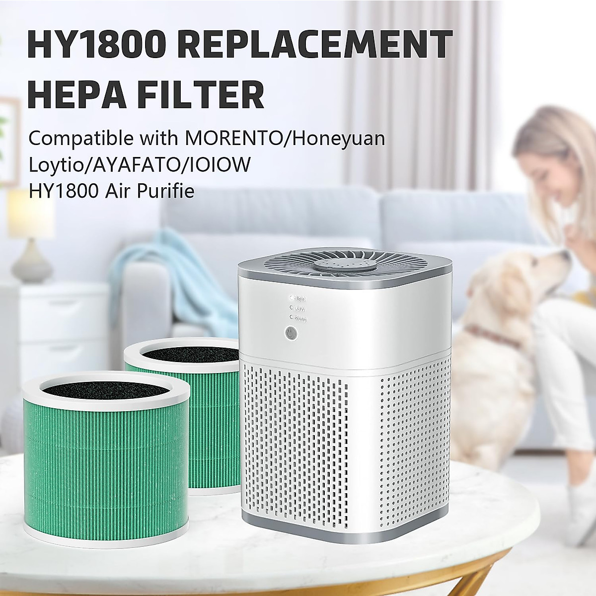 HY1800 Air Purifier Replacement Filter, Compatible with Loytio/AYAFATO/Honeyuan/IOIOW/CHIVALZ/MORENTO HY1800 Purifier, 3-in-1 Filtration, High-Efficiency Activated Carbon, True HEPA 13 Filter (4 Pack)