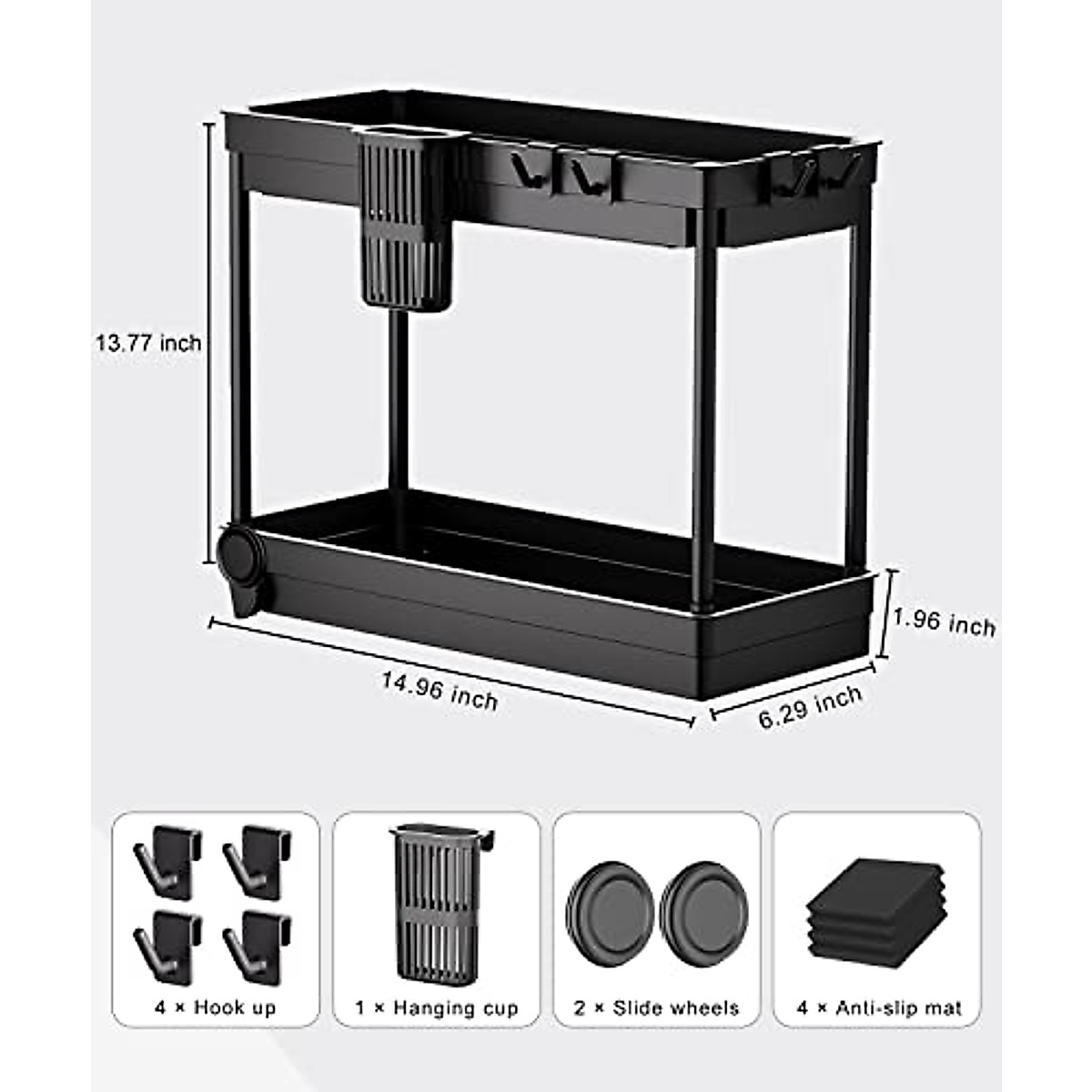 Fowooyeen Under Sink Organizers and Storage, Bathroom Organization Cabinet with Hooks Hanging Cup, Multi-Purpose Sliding Countertop Storage Shelf for Bathroom and Kitchen Semi-Transparent