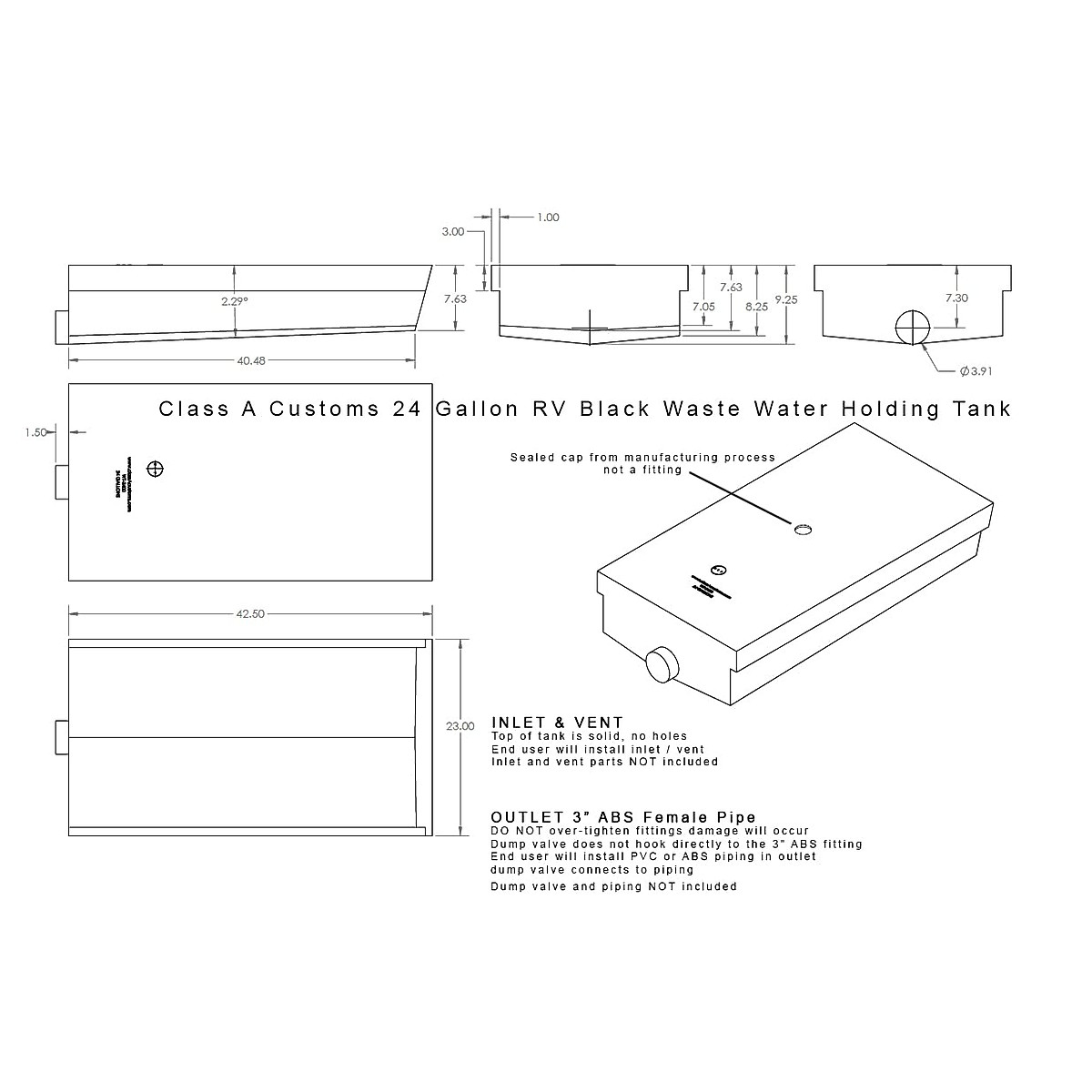 Class A Customs 24 Gallon RV Waste Black Water Holding Tank WT-2400