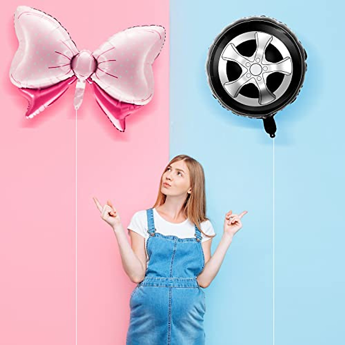 12 Pieces Burnouts or Bow Foil Balloons Black Car Wheel Balloons Gender Reveal Balloon Pink Polka Dots Bow Balloon Foil Balloons for Baby Shower Gender Reveal Wedding Birthday Party Decoration