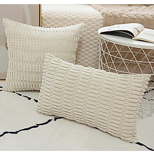 Henzxi Pack of 2 Corduroy Decorative Throw Pillow Covers 18x18 Inch Soft Striped Square Boho Pillow Covers Modern Farmhouse Home Decor for Sofa Living Room Couch Bed Cream White